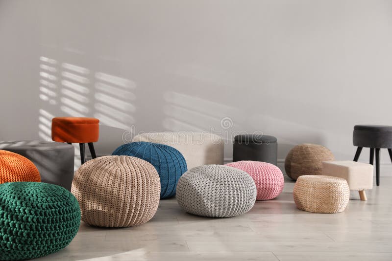 Many Stylish Different Poufs Indoors. Home Design Stock Photo - Image ...
