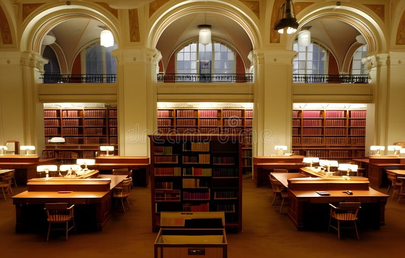 Many Tables and Chairs in a Library with Bookshelves Stock Image ...