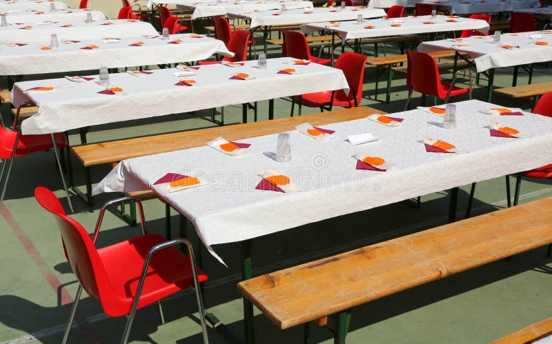 Many Tables Set Outdoors for a Big Lunch Stock Photo - Image of tables ...
