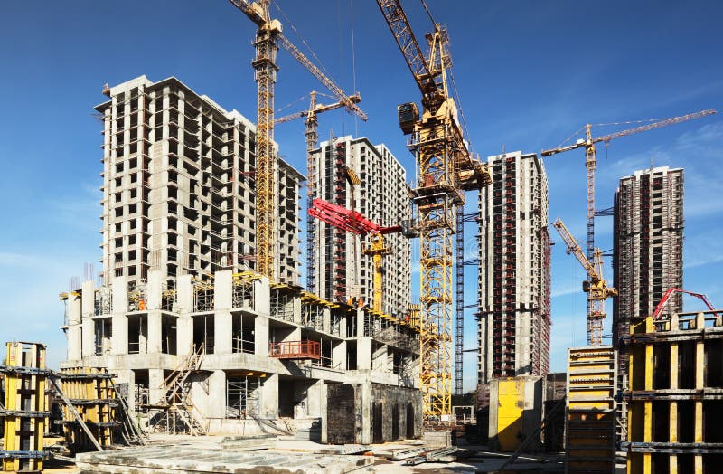Many Tall Buildings Under Construction and Cranes Stock Photo - Image ...