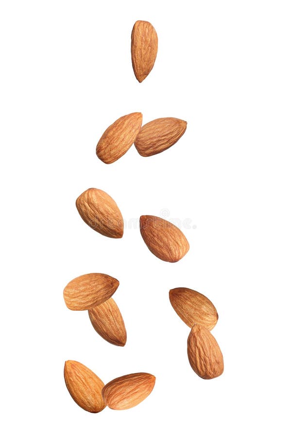 Many Tasty Almonds Falling on White Background Stock Photo - Image of ...