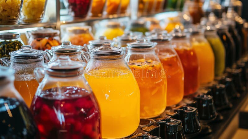 Many Teapots with Brewed Fruit Tea with Different Flavors. Stock Image ...