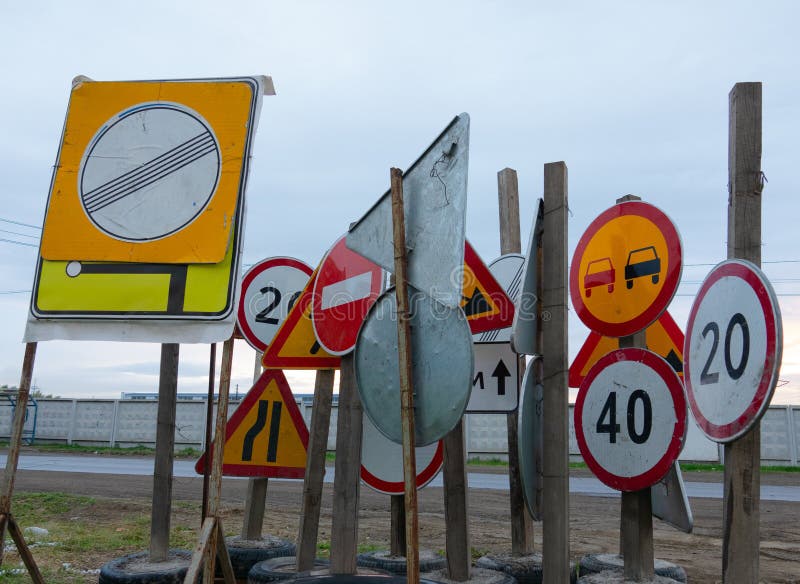 Many Temporary Road Signs in One Place Stock Image - Image of ...