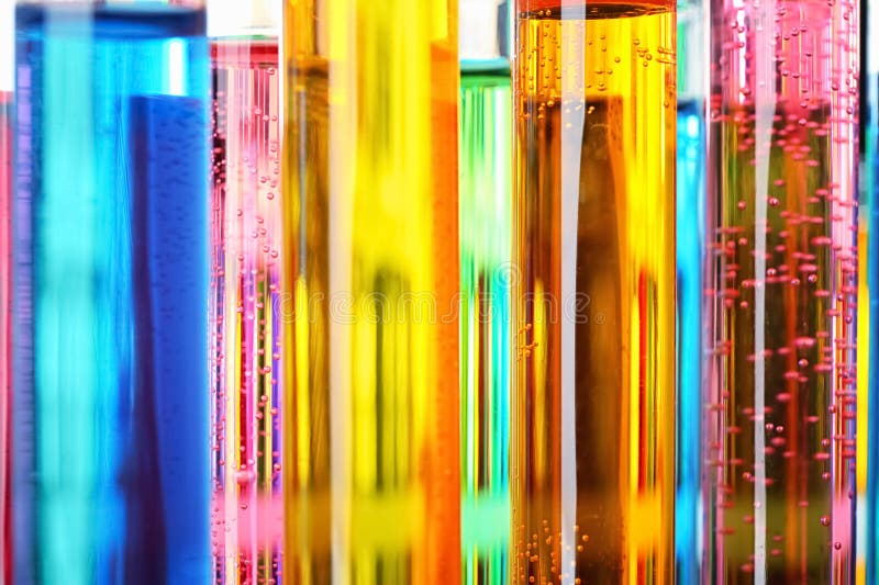 Many Test Tubes with Colorful Liquids, Closeup Stock Image - Image of ...