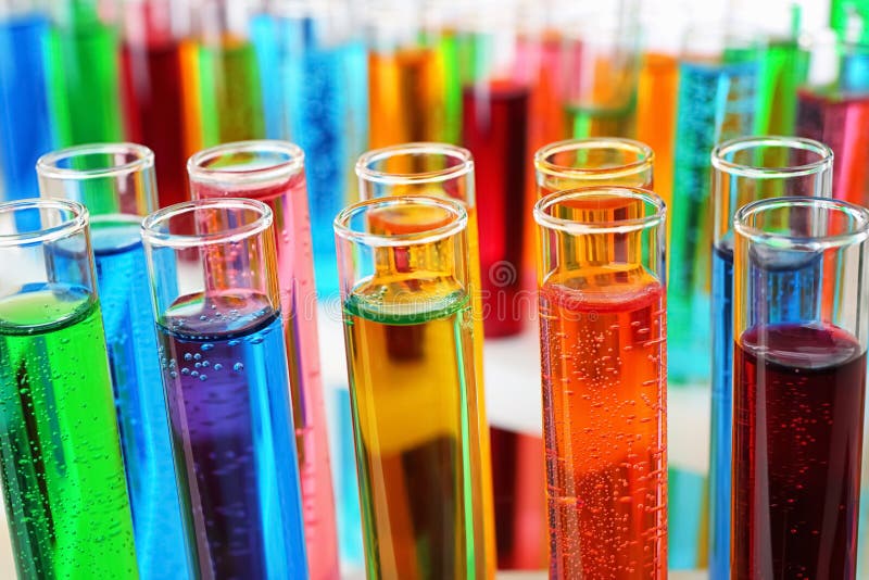 Many Test Tubes with Colorful Liquids, Closeup Stock Image - Image of ...