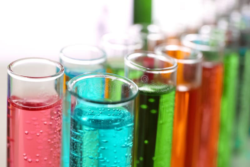 Many Test Tubes with Colorful Liquids, Closeup Stock Image - Image of ...