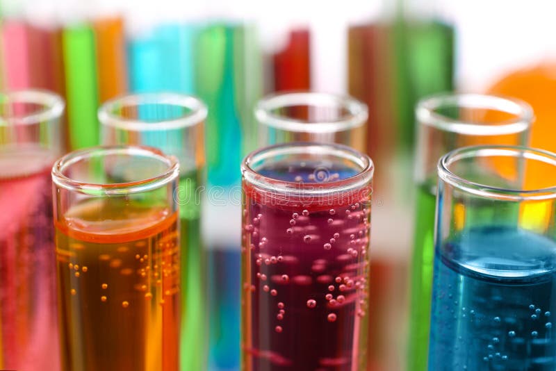 Many Test Tubes with Colorful Liquids, Closeup Stock Image - Image of ...