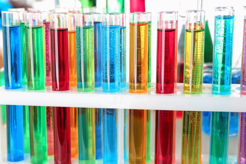 Many Test Tubes with Colorful Liquids, Closeup Stock Photo - Image of ...