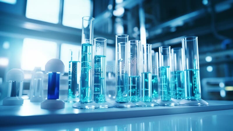 Many Test Tubes in Modern Laboratory Interior in Light Blue Colors ...