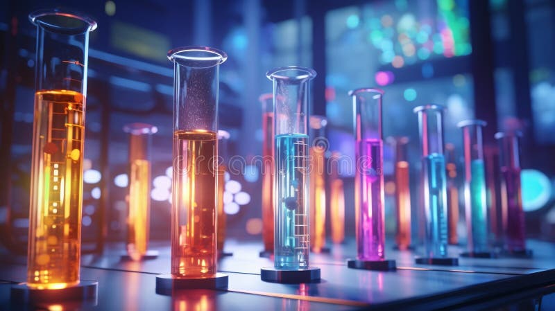 Many Test Tubes in Modern Laboratory Interior in Light Blue Colors ...