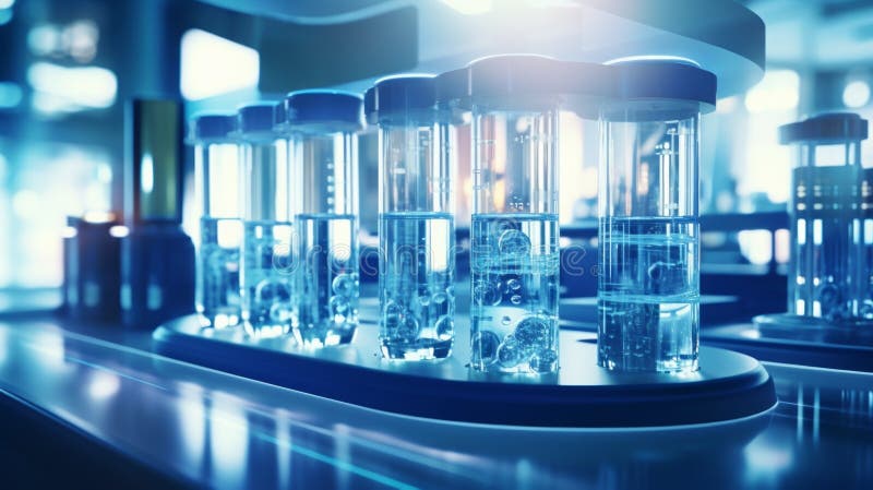 Many Test Tubes in Modern Laboratory Interior in Light Blue Colors ...