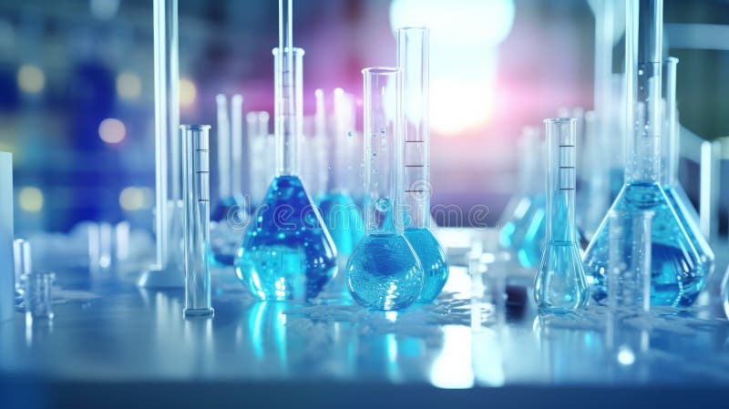 Many Test Tubes in Modern Laboratory Interior in Light Blue Colors ...