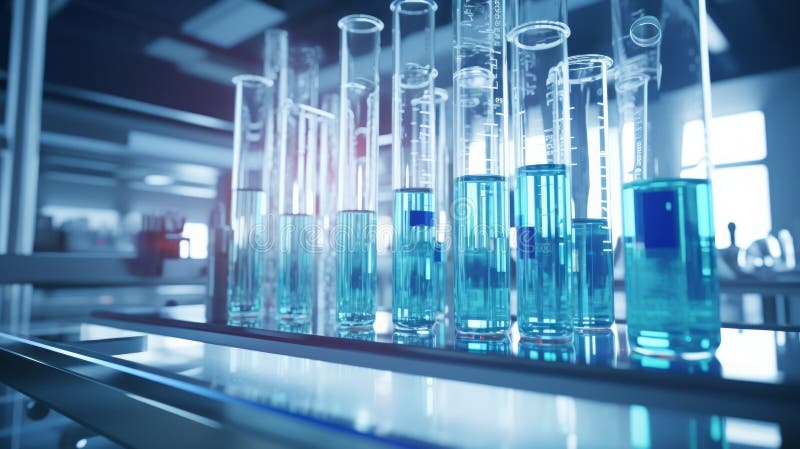 Many Test Tubes in Modern Laboratory Interior in Light Blue Colors ...