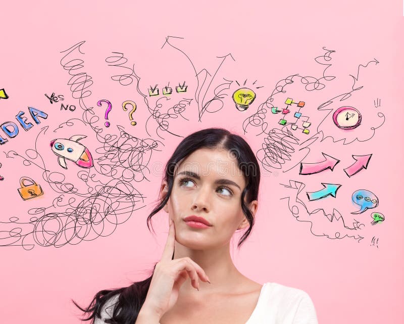 Many Thoughts with Young Woman Stock Photo - Image of casual, head ...