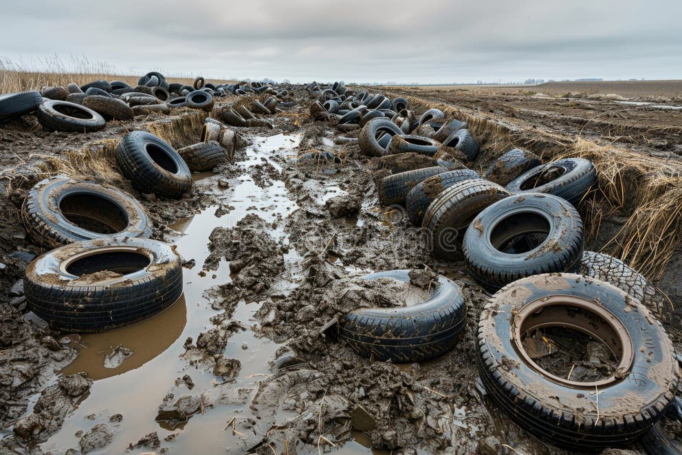Many Tires Dumped in Mud, Creating a Mess in the Environment Stock ...