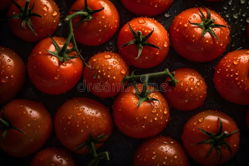 Many Tomatoes with Water Drops, Abstract Background. Neural Network AI ...