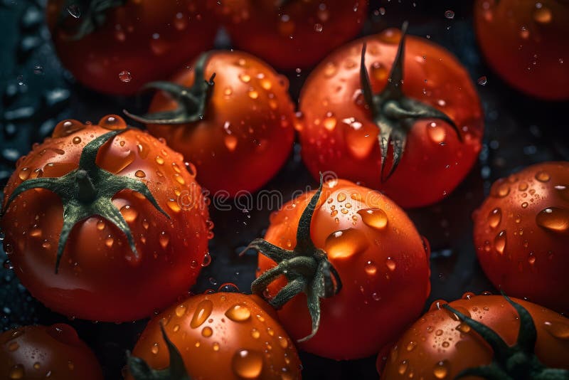 Many Tomatoes with Water Drops, Abstract Background. Neural Network AI ...