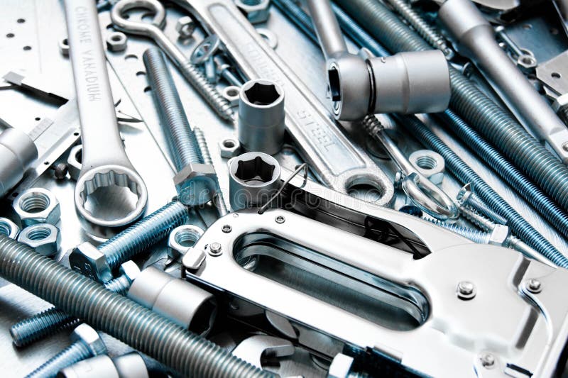 Many Tools on the Scratched Metal Background Stock Image - Image of ...