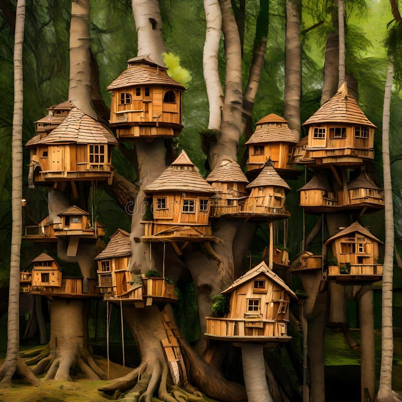 Many Tree Houses on a Large Tree - Ai Generated Image Stock ...