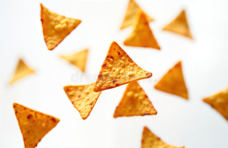 Many Triangle-shaped Nachos Chips are Flying in Air Against Plain White ...