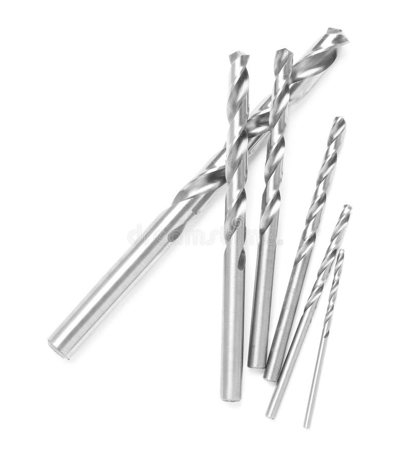 Many Twist Drill Bits Isolated on White, Top View. Carpenter`s Tools ...