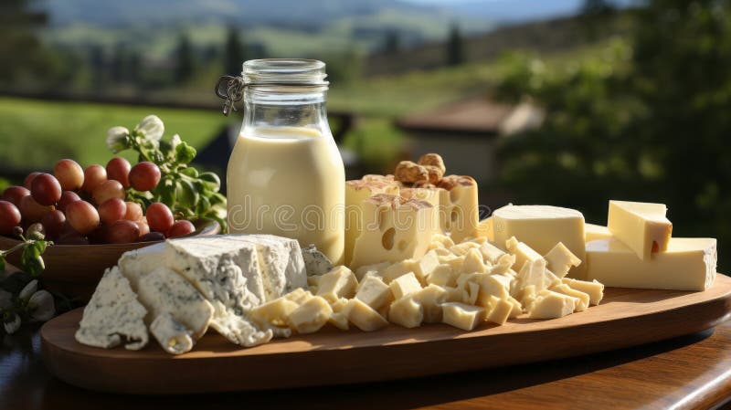 Many Type of Dairy Products on Table with Nature Background. Generative ...