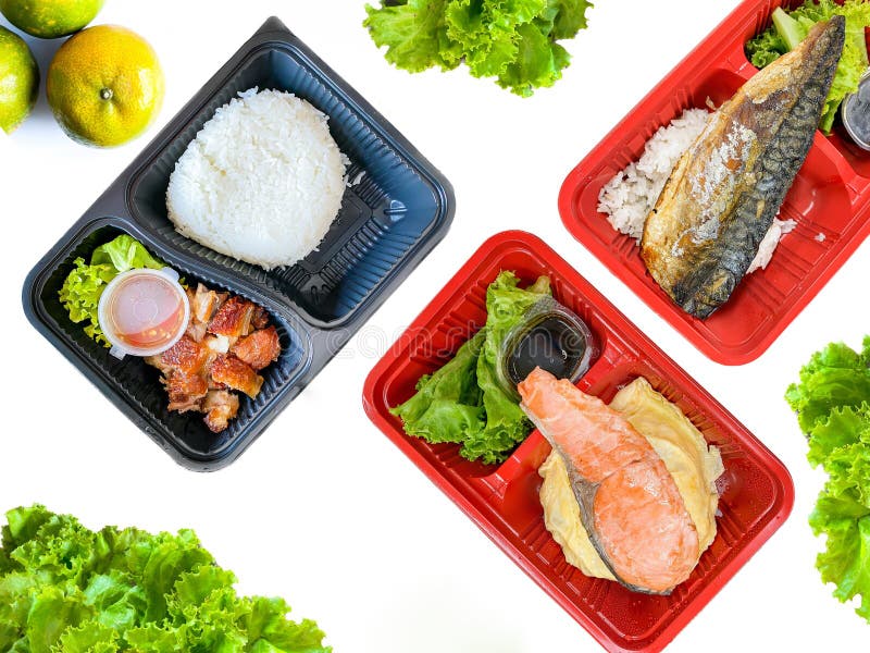 Saba and Salmon Fish Grilled with Salad in the Food Container Stock ...