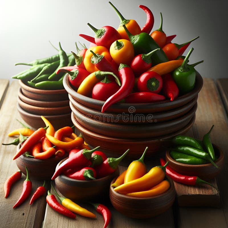 Many Types of Peppers, Many Colors Piled Together Stock Illustration ...