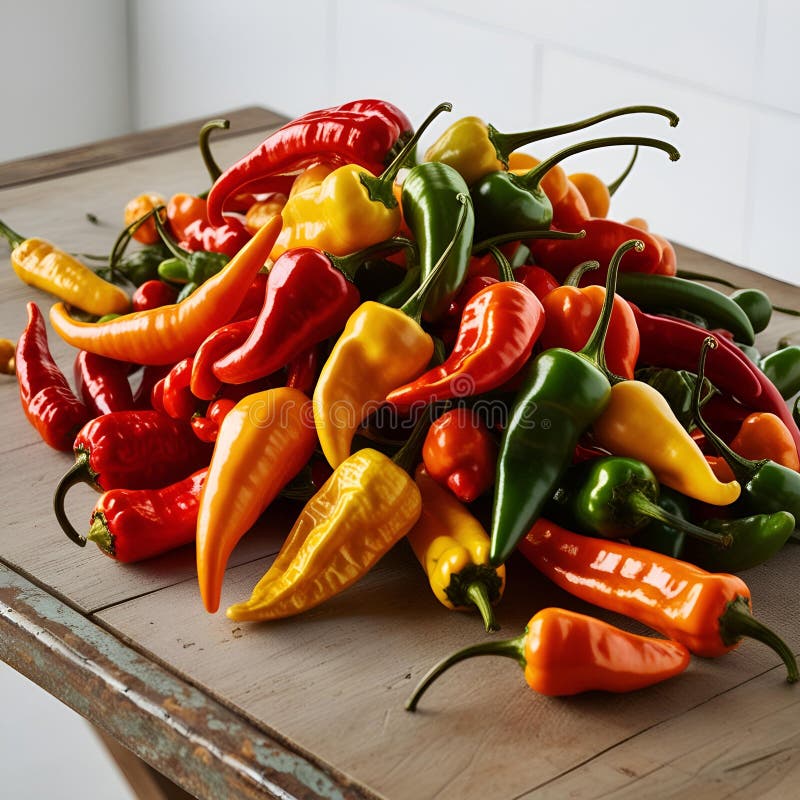 Many Types of Peppers, Many Colors Piled Together Stock Illustration ...