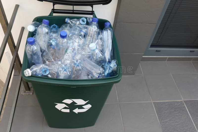 Many Used Plastic Bottles in Trash Bin Near Entrance Outdoors ...