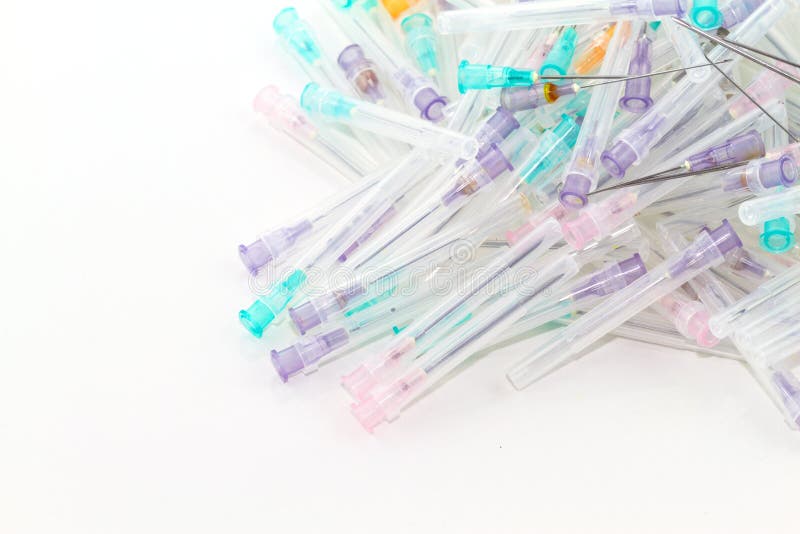 Many Needle in Red Disposal Boxes on White Background Stock Photo ...