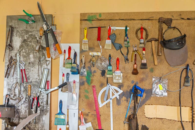 Hanging Tools on Wood Panel Stock Photo - Image of construction, house ...