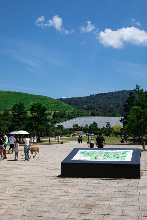 Visitors Walking in a Park with a Map Display, Surrounded by Green ...