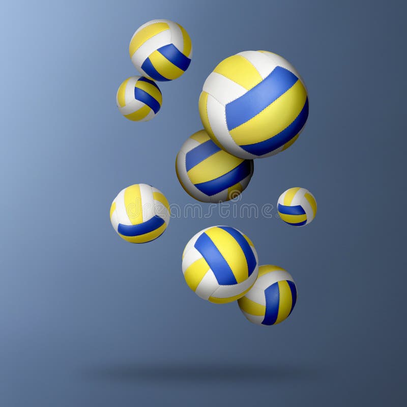 Many Volleyball Balls Falling on Steel Blue Gradient Background Stock ...