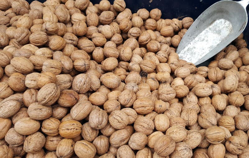 Walnuts for Sale in Yellow Open Woven Bags. Stock Image - Image of ...