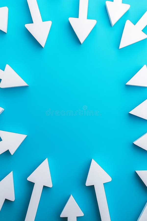Many White Arrows Pointing Toward Center on Blue Background, Concept of ...