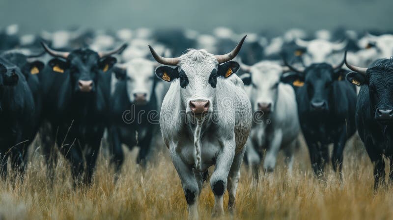 Many White and Black Bulls. Generative AI. Stock Illustration ...