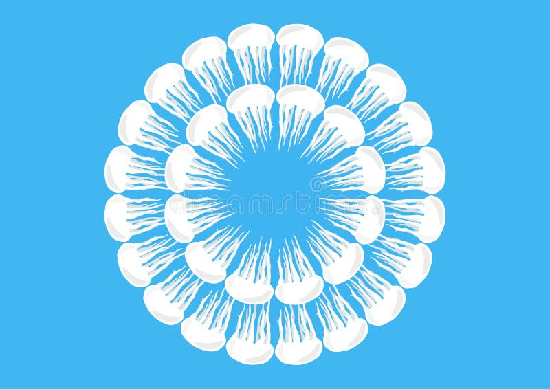 Many White Jellyfish Round on Blue Sea Background Stock Illustration ...