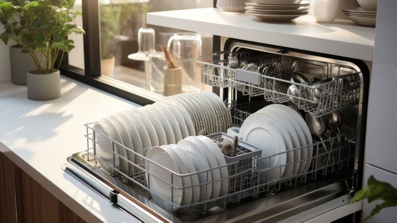 Many White Plates in a Row in Washing Machine Stock Photo - Image of ...