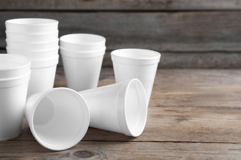 Many White Styrofoam Cups on Wooden Table, Space for Text Stock Photo ...