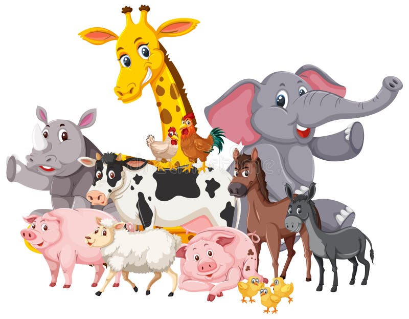 Many Wild Animals and Farm Animals on White Background Stock ...