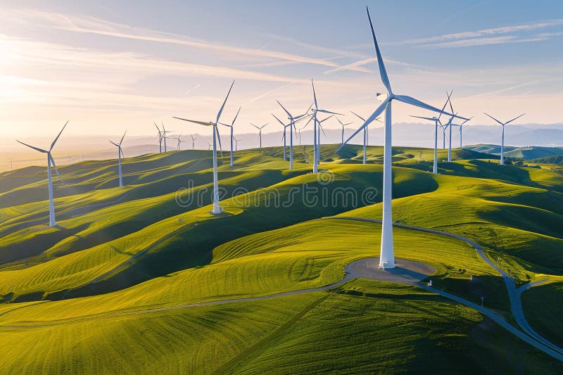 Many Wind Turbine Farm on Green Grass Stock Illustration - Illustration ...