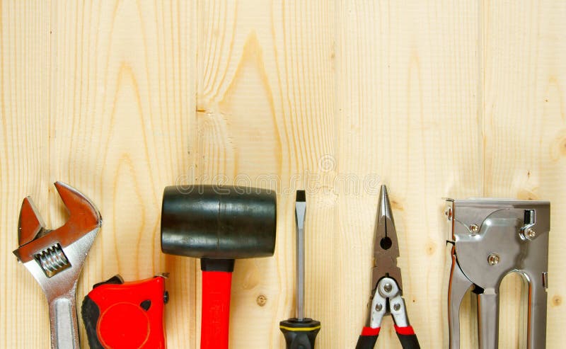 Many Working Tools on a Wooden Background Stock Photo - Image of ...