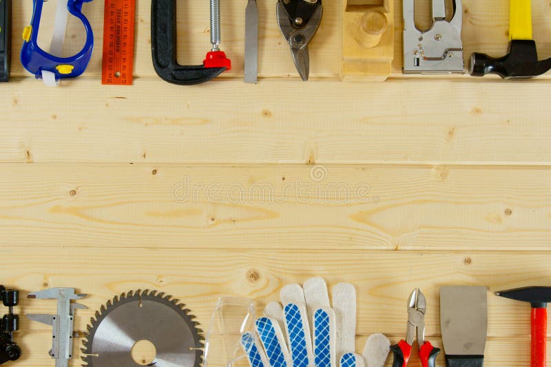 Many Working Tools on a Wooden Background Stock Photo - Image of metal ...