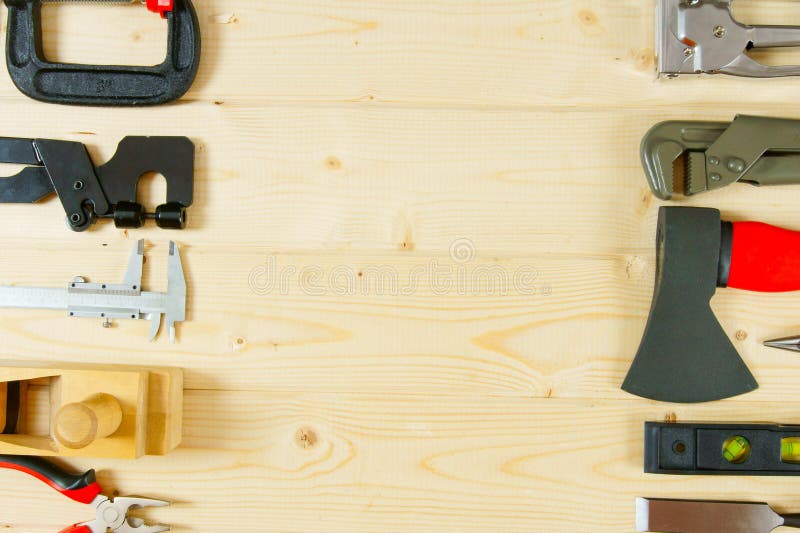 Many Working Tools on a Wooden Background Stock Photo - Image of pliers ...