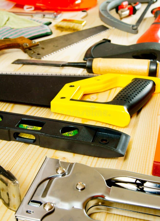 Many Working Tools on a Wooden Background Stock Photo - Image of lumber ...