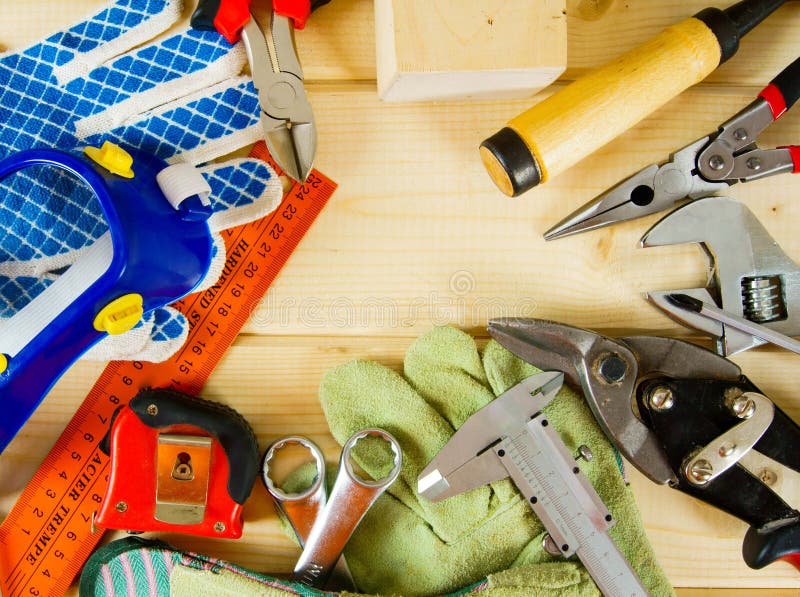 Many Working Tools on a Wooden Background Stock Image - Image of ...