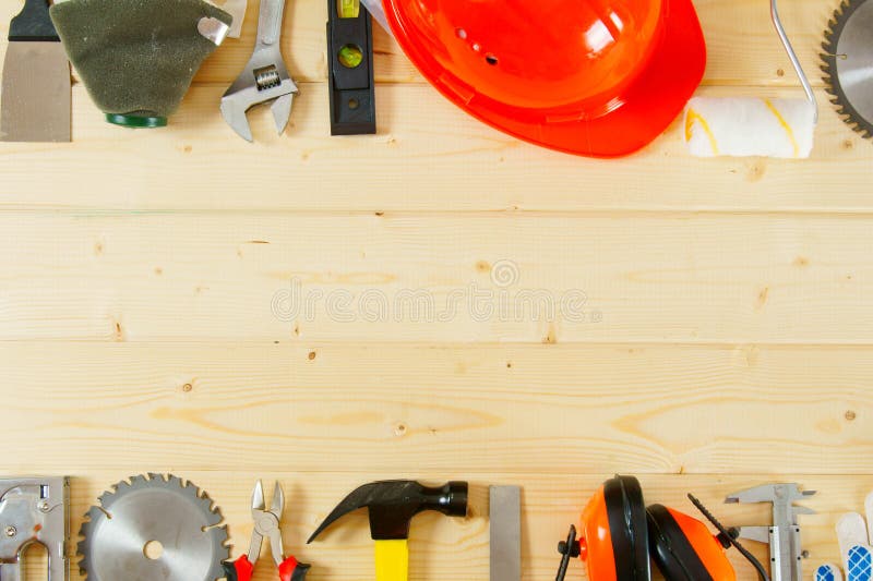 Many Working Tools on a Wooden Background Stock Photo - Image of ...