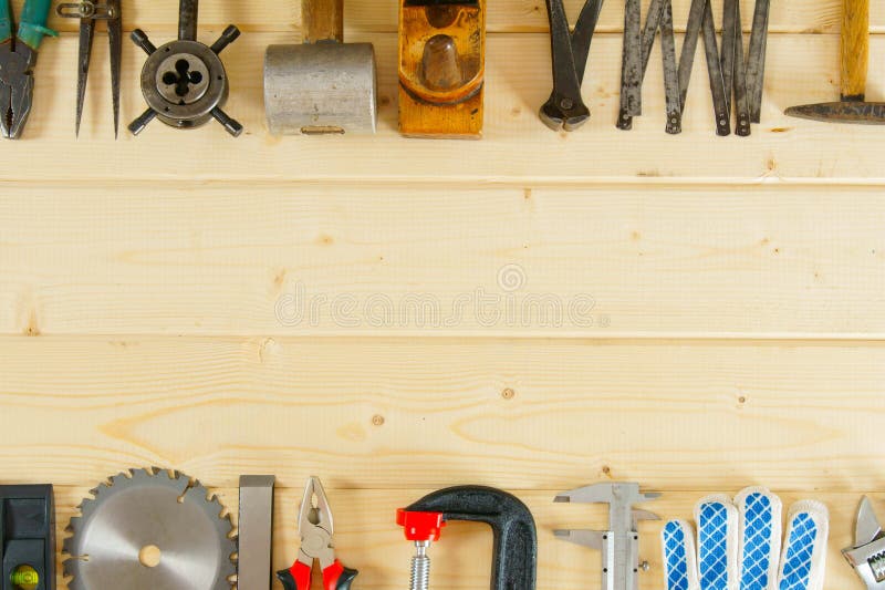 Many Working Tools on a Wooden Background Stock Photo - Image of ...