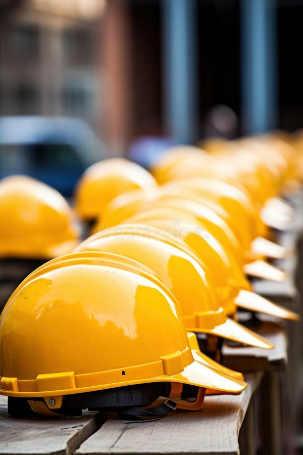Many Yellow Hardhat Helmet on Row in Construction Site. Backgorund ...